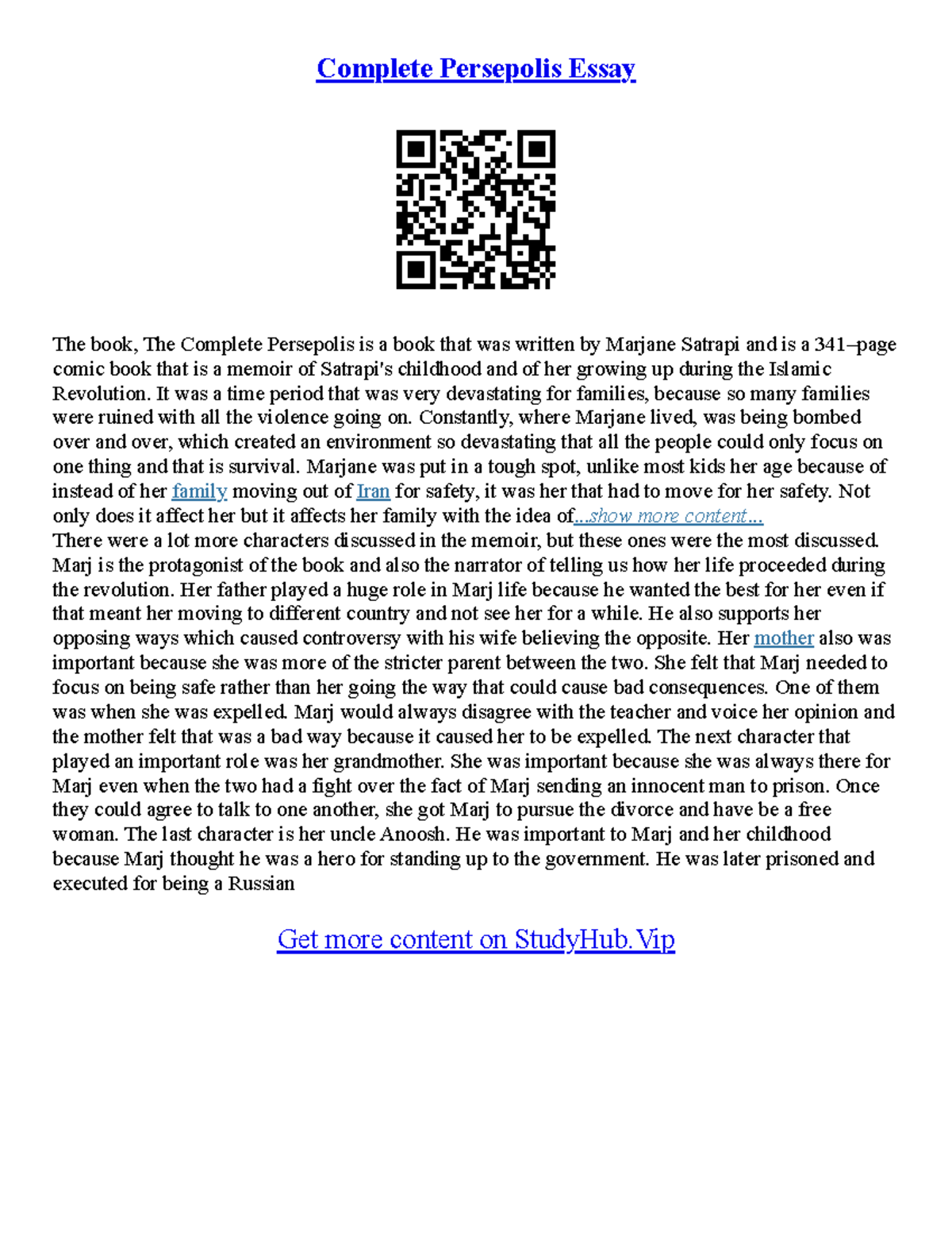 Complete Essay Complete Essay - Complete Persepolis Essay The book, The ...