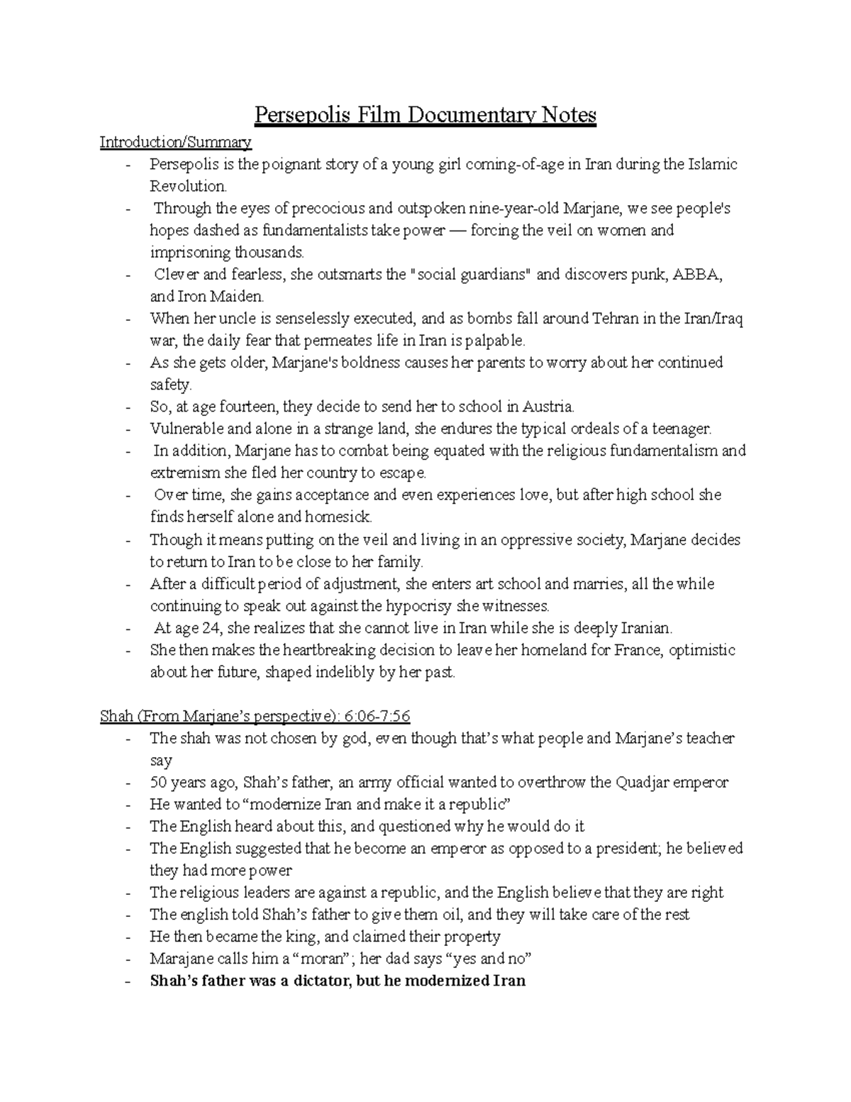 Persepolis Film Documentary Notes - Persepolis Film Documentary Notes ...