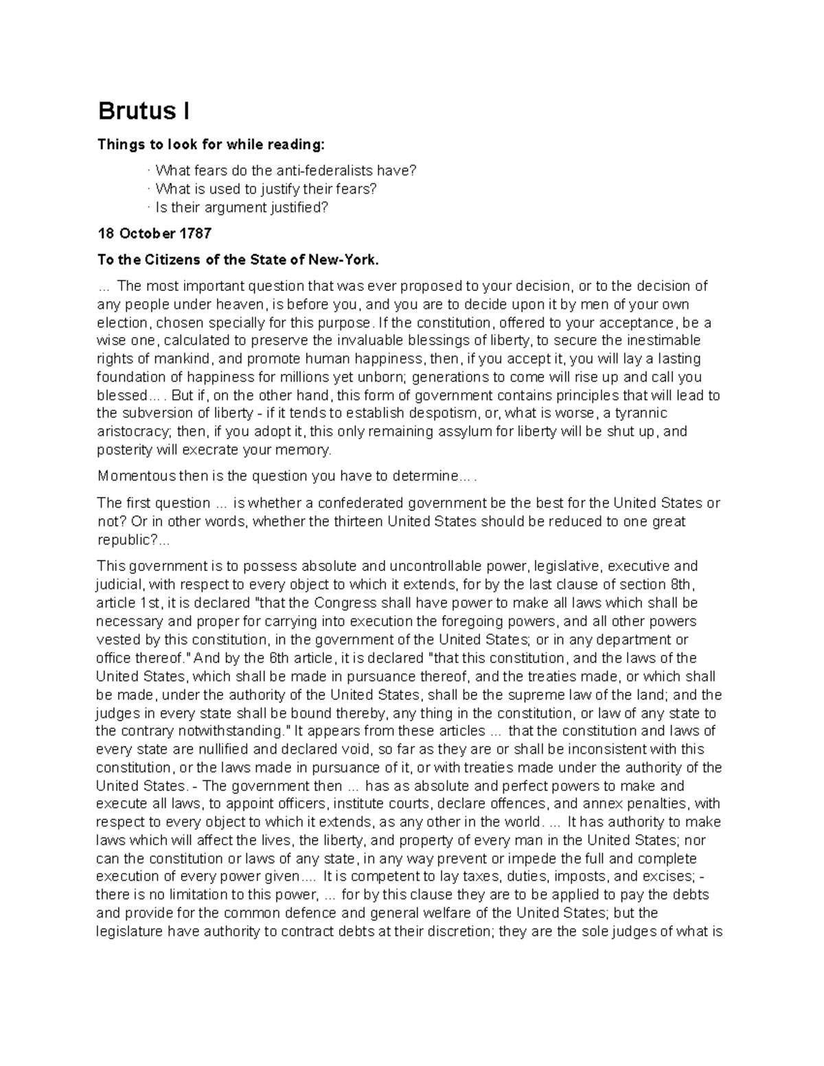 Brutus I - Practice - Brutus I Things to look for while reading: · What ...