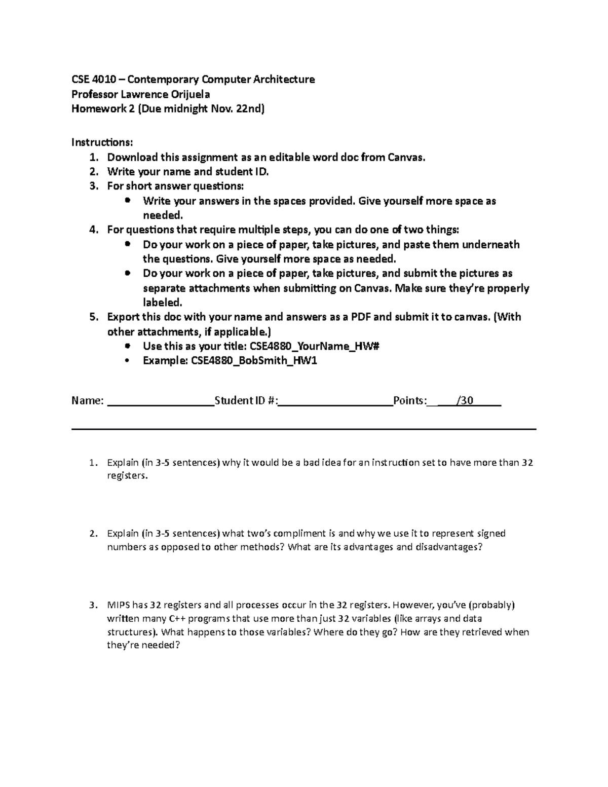 Cse4010 Hw2 Hwpractice Problems Cse 4010 Contemporary Computer Architecture Professor