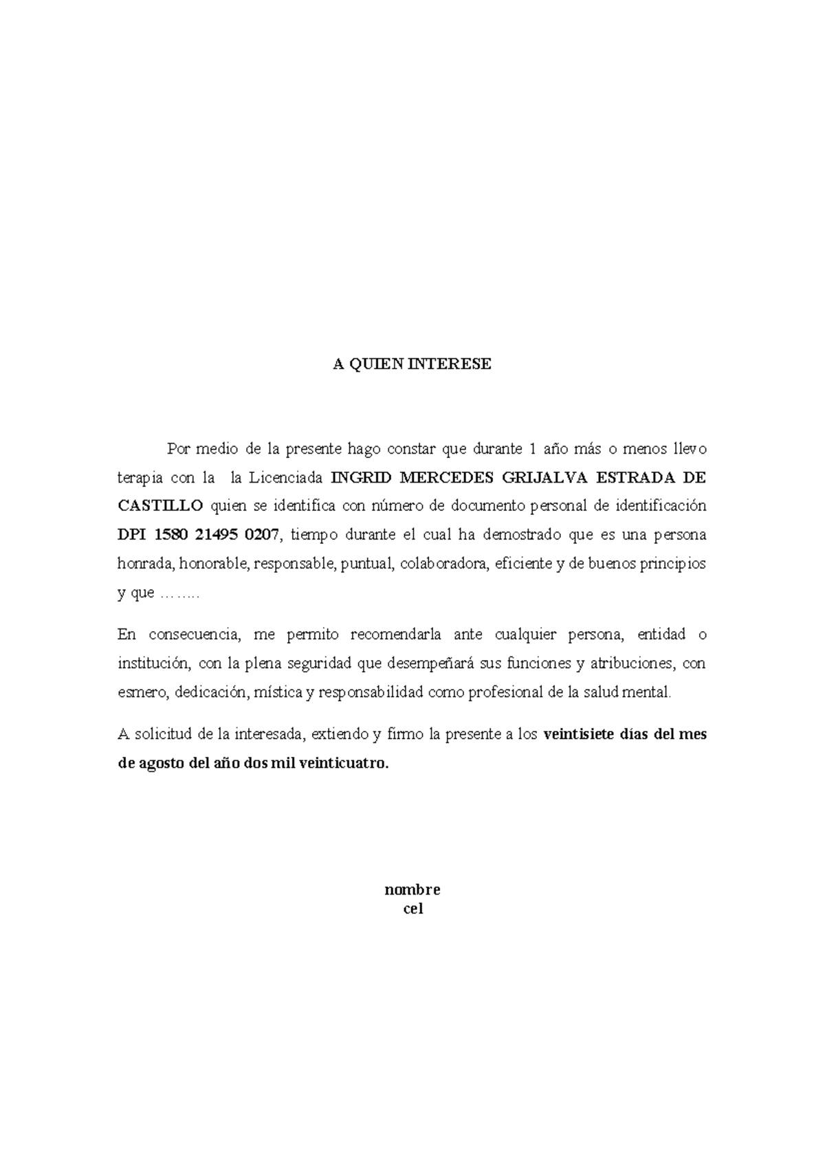 Carta de disciplinaria - A QUIEN INTERESE Por medio de la presente hago ...