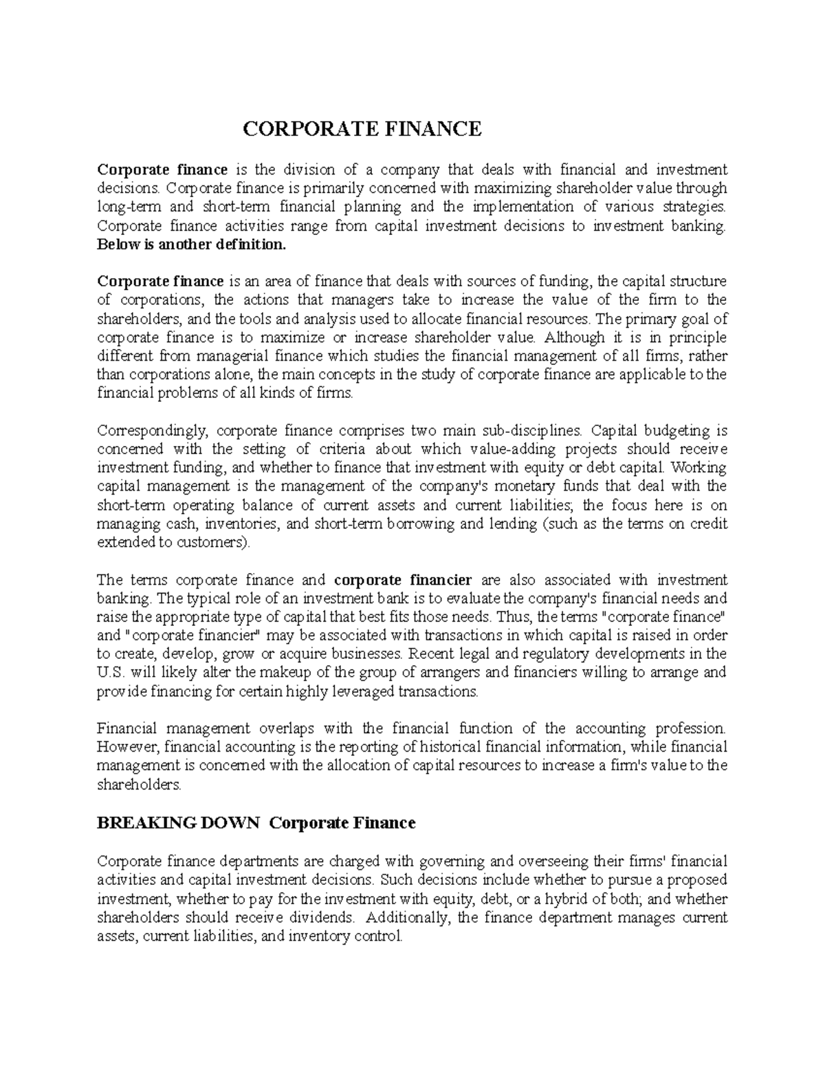 Corporate finance - Financial management concerns exclusively current ...