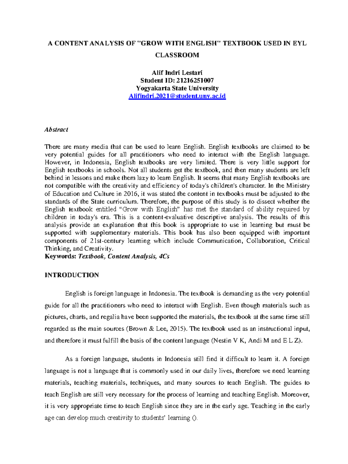 A CONTENT ANALYSIS OF "GROW WITH ENGLISH" TEXTBOOK USED IN EYL ...