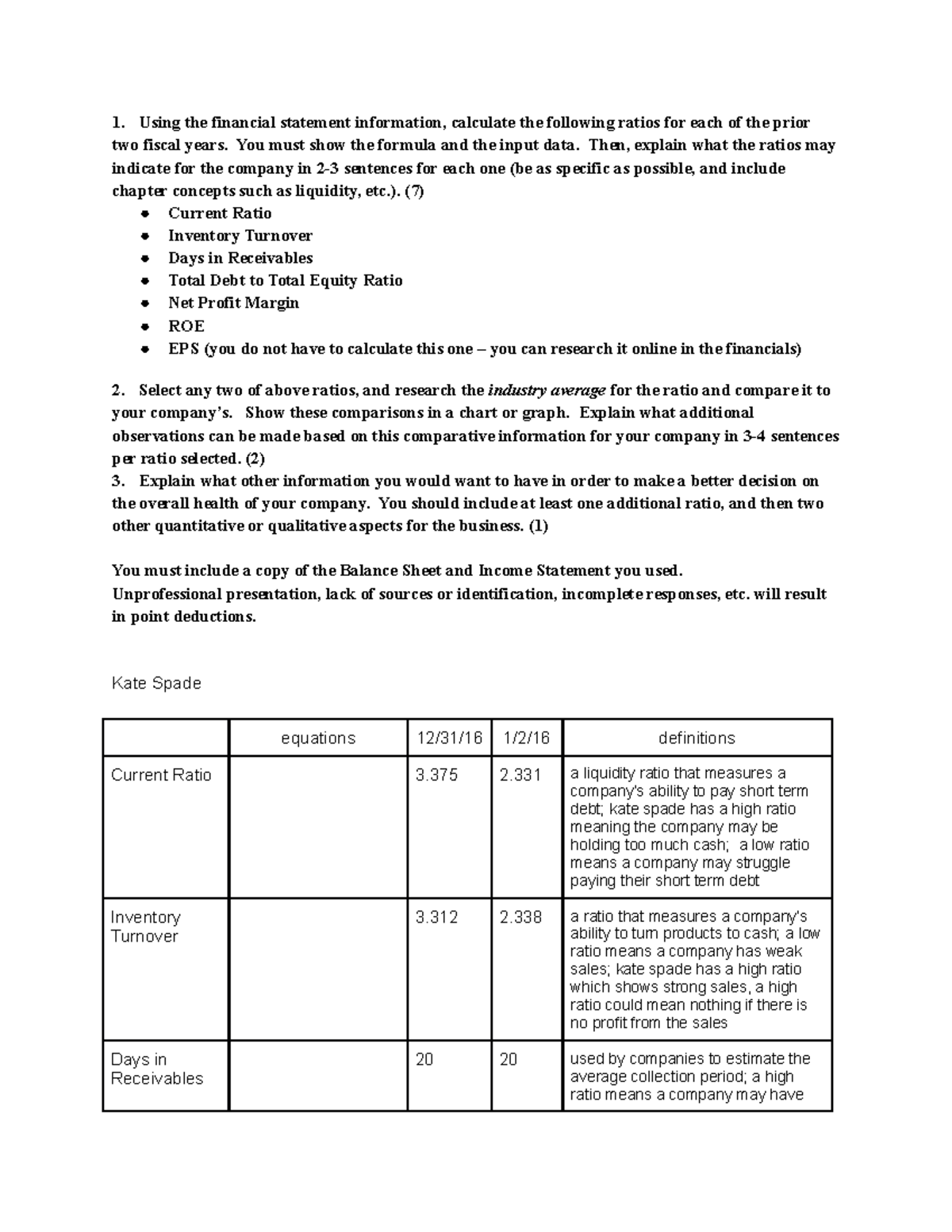 Financial Review - Using the financial statement information, calculate ...