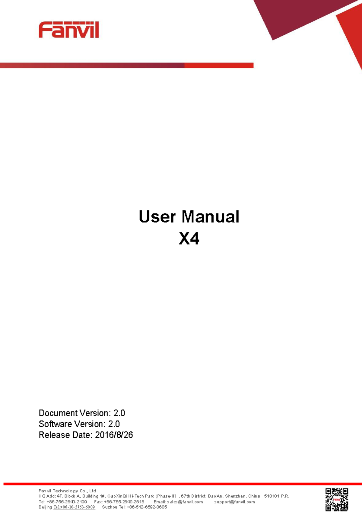 X4 X4G User Manual - Fanvil Technology Co., Ltd HQ Add: 4F, Block A ...