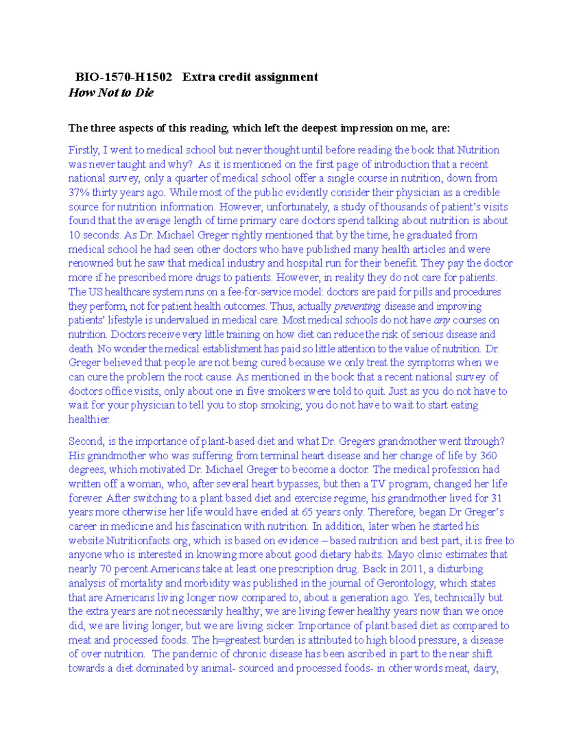 Extra credit assignment- How not to die - BIO-1570-H1502 Extra credit ...