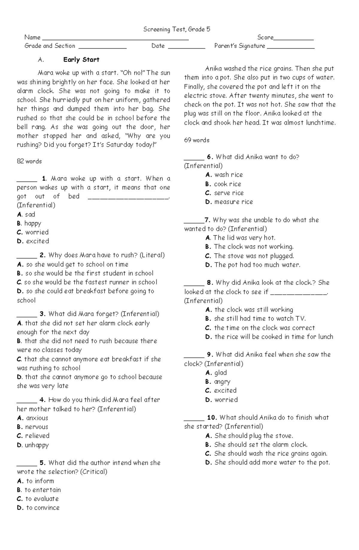 GST English 5 - This is a reading group screening test in grade 5 - A ...