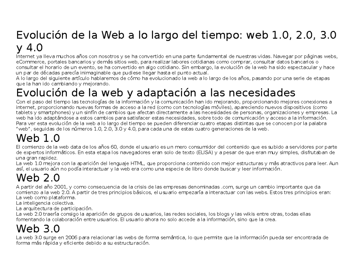 Generaciones DE LA WEB - Evolución de la Web a lo largo del tiempo: web ...