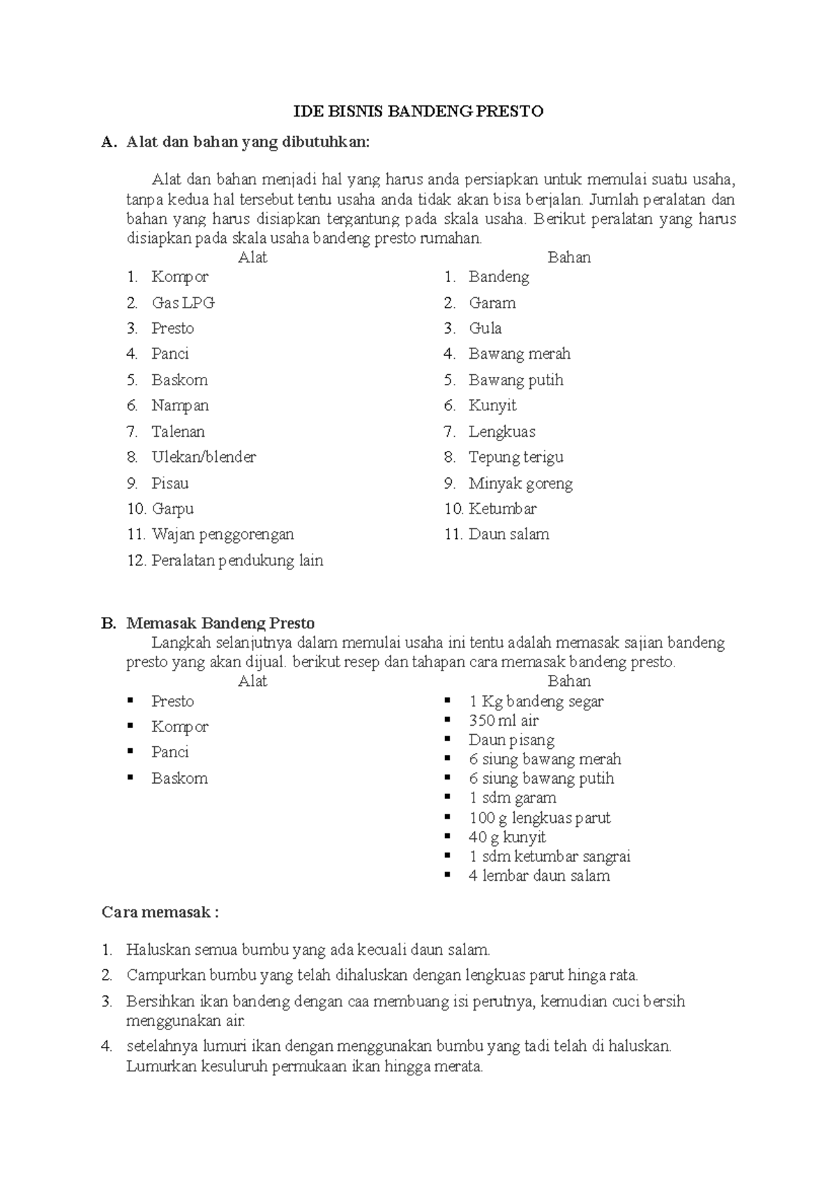 IDE Bisnis Bandeng Presto - IDE BISNIS BANDENG PRESTO A. Alat dan bahan ...