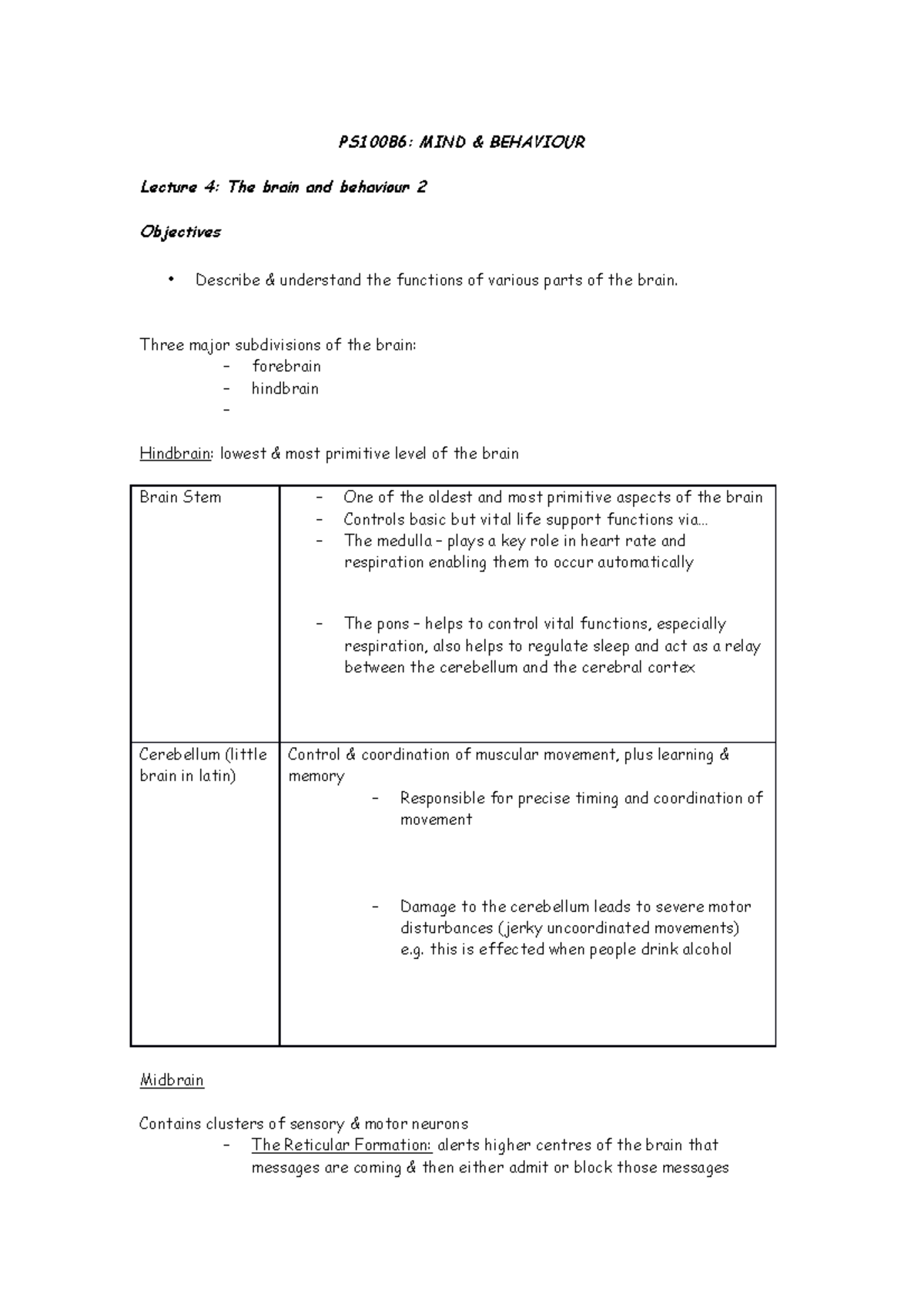 Completed handout for lecture 4a Ian - Brain and Behaviour - PS10086: MIND & BEHAVIOUR Lecture ...