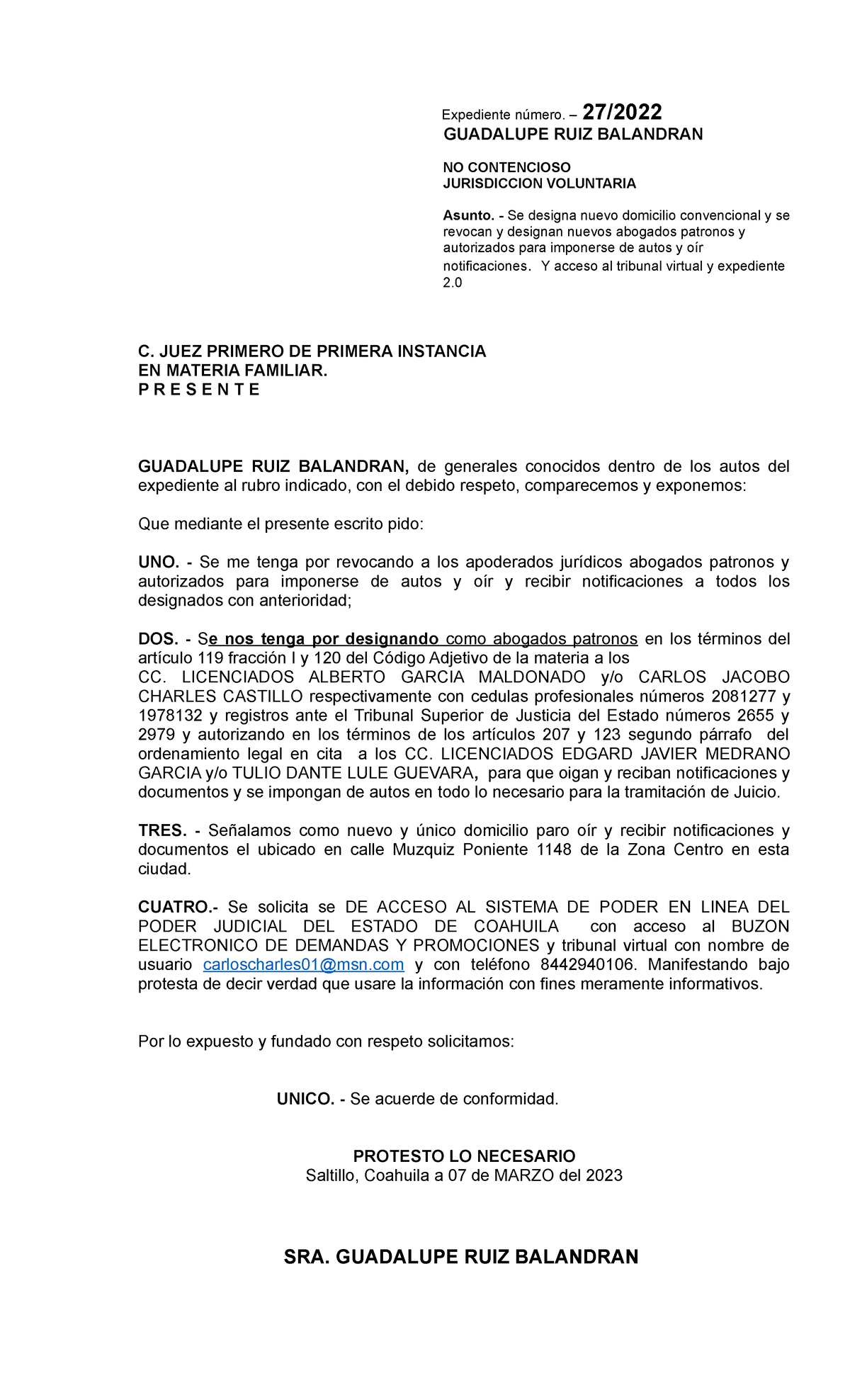 Guadalupe RUIZ Balandran Nombramiento Abogados - Expediente número ...