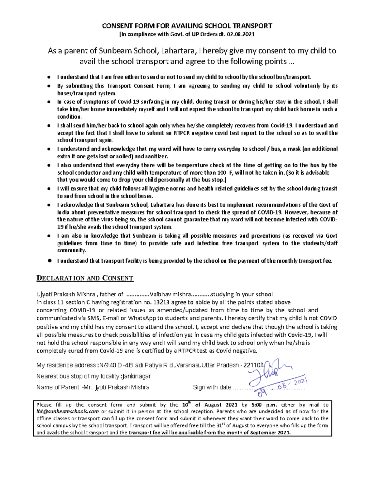 Consent Form for availing school transport 2021 - CONSENT FORM FOR ...