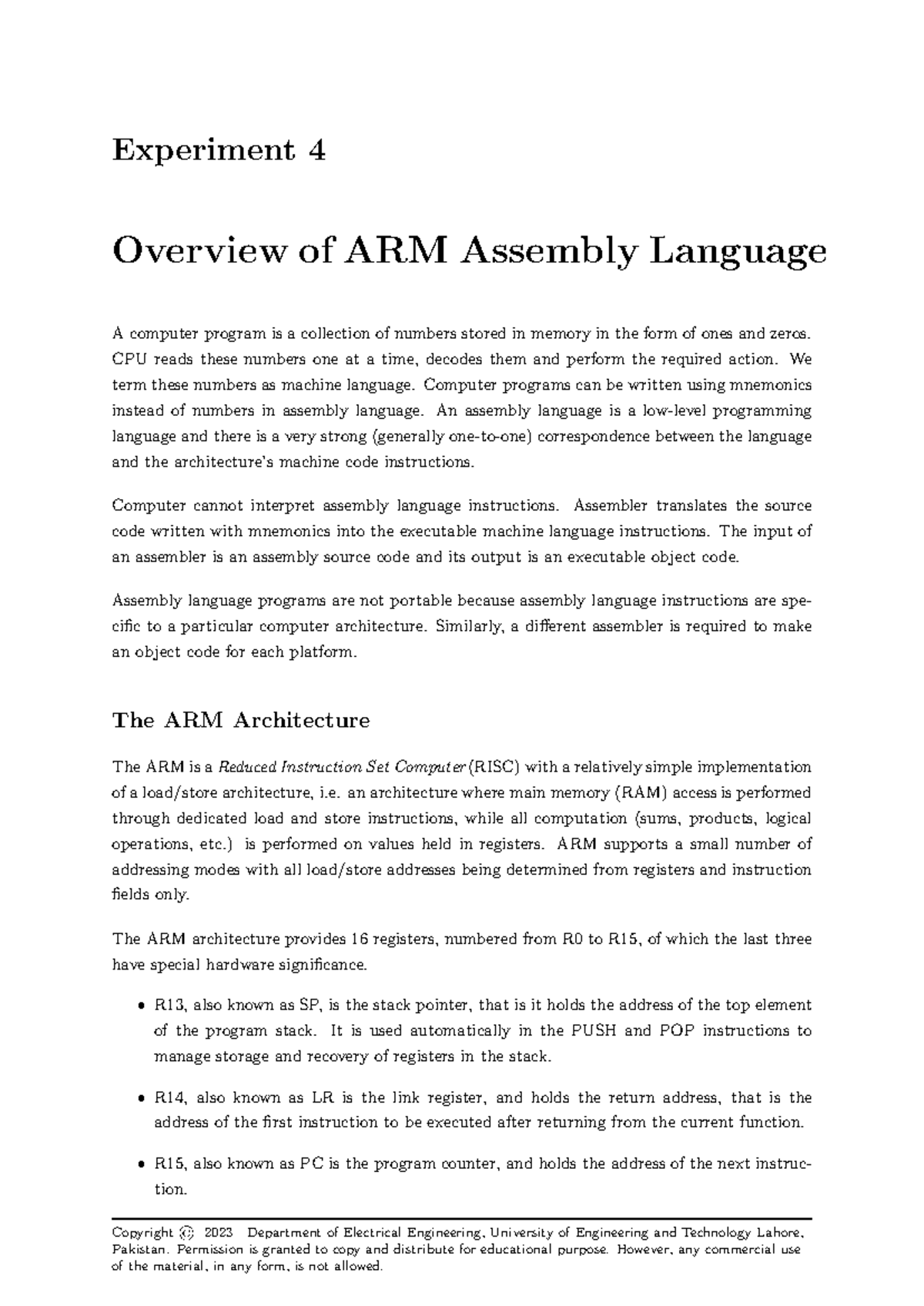 Experiment 4 Overview of ARM Assembly Language - CPU reads these numbers one at a time, decodes ...