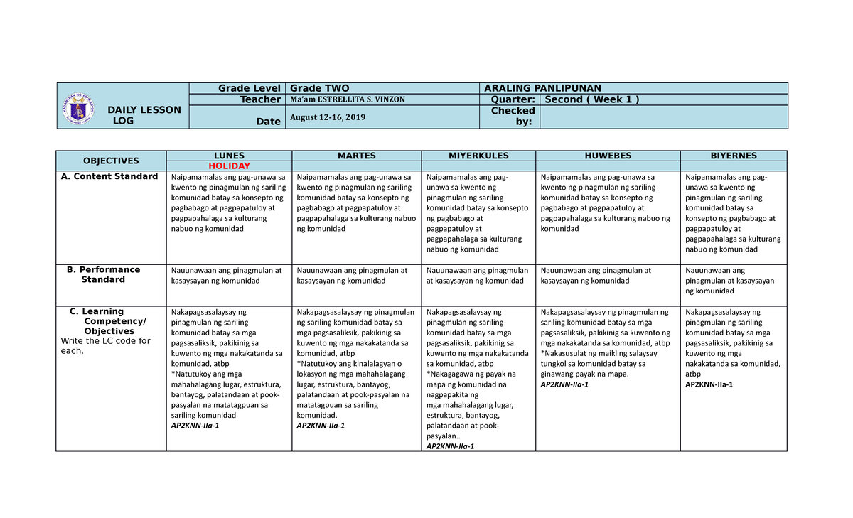 Ap DLL week one, this is for lessons plan - DAILY LESSON LOG Grade ...