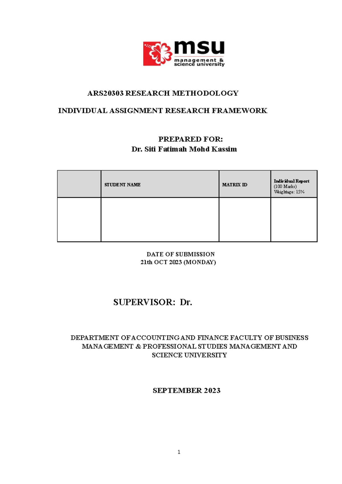 Template with coverpage - ARS20303 RESEARCH METHODOLOGY INDIVIDUAL ...