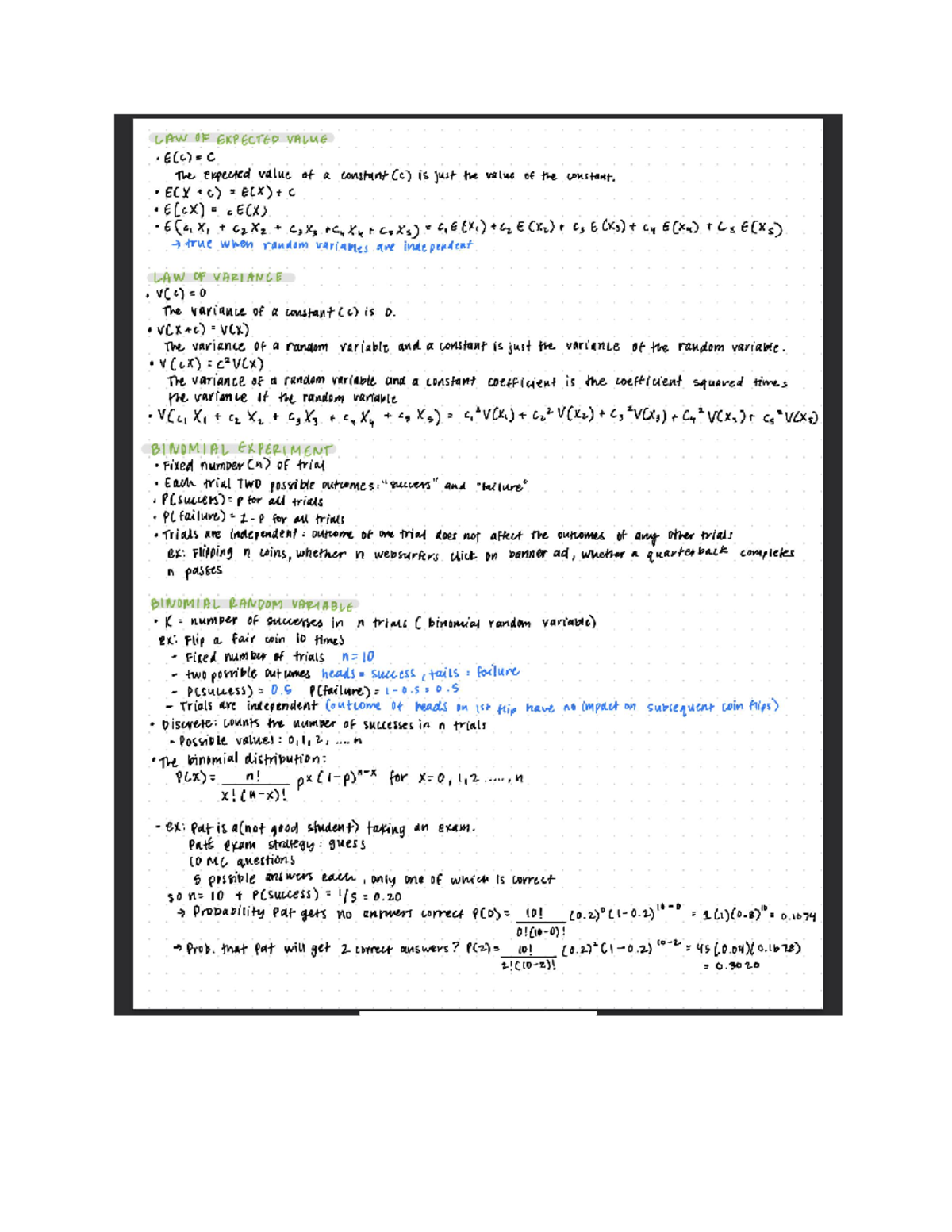 Notes 3 Bstat - LAW OF EXPECTED VALUE E(c), c The expected value of a ...