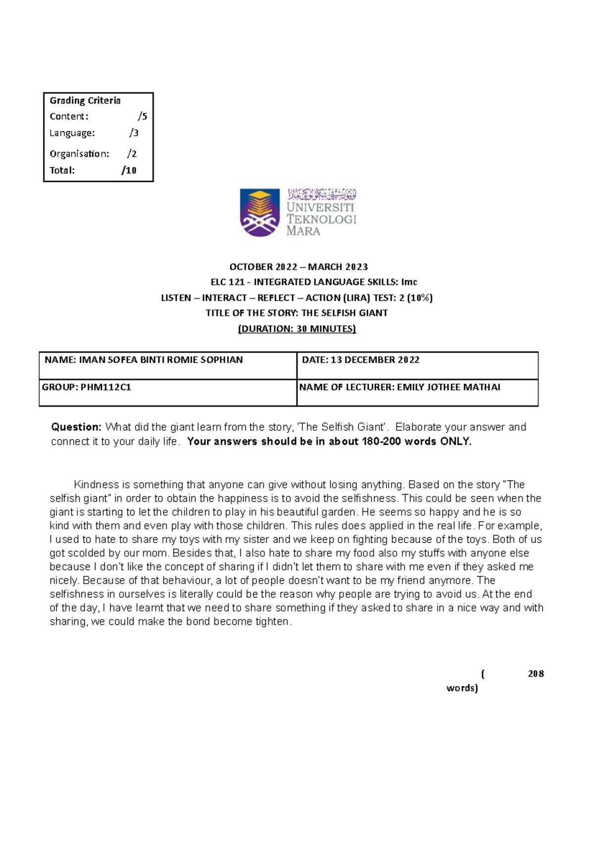 IMAN Sofea PHM112C1 LIRA TEST 2 - Grading Criteria Content: / Language ...