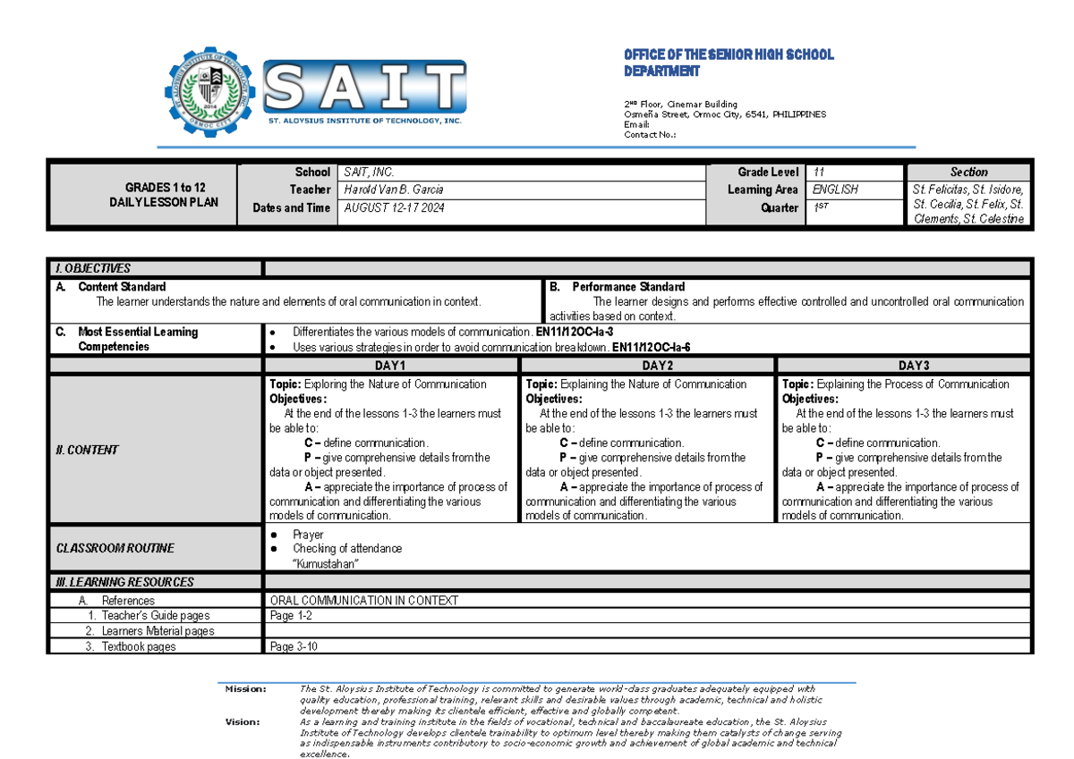 ORAL Communication WEEK 2 - OFFICE OF THE SENIOR HIGH SCHOOL DEPARTMENT ...