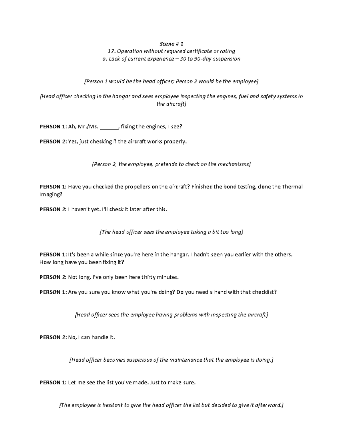 Script 1-2 Scenario - Scene # 1 17. Operation without required ...