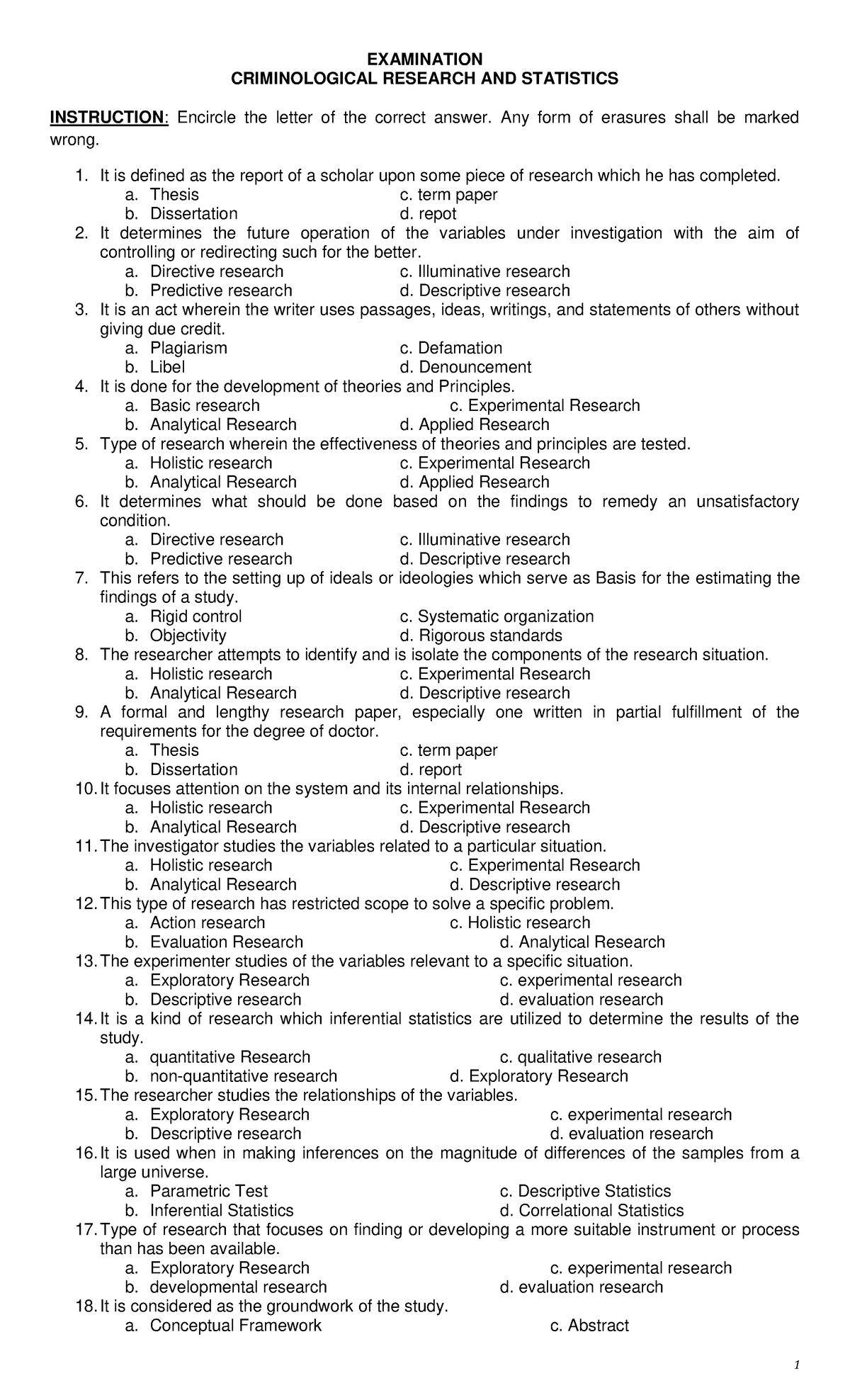 CRIM 6 Criminological Research - EXAMINATION CRIMINOLOGICAL RESEARCH ...
