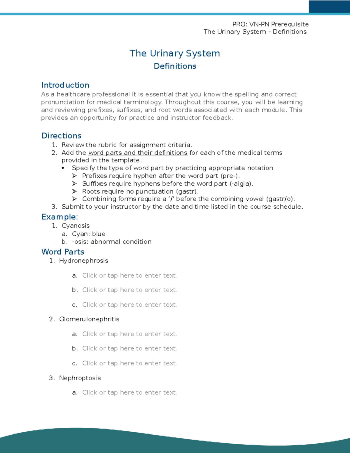 Assignment Definitions (Ch. 9 - Urinary System) - The Urinary System – Definitions The Urinary ...
