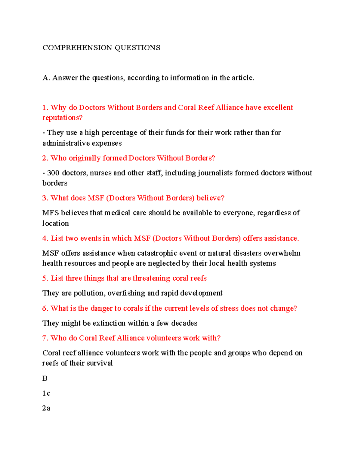 Comprehension Questions - COMPREHENSION QUESTIONS A. Answer the ...