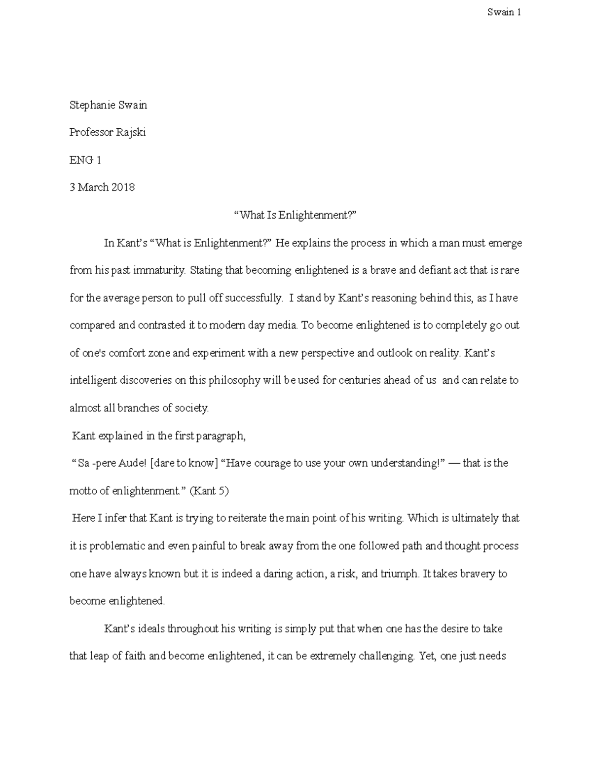 Enlightenment outline - Stephanie Swain Professor Rajski ENG 1 3 March ...
