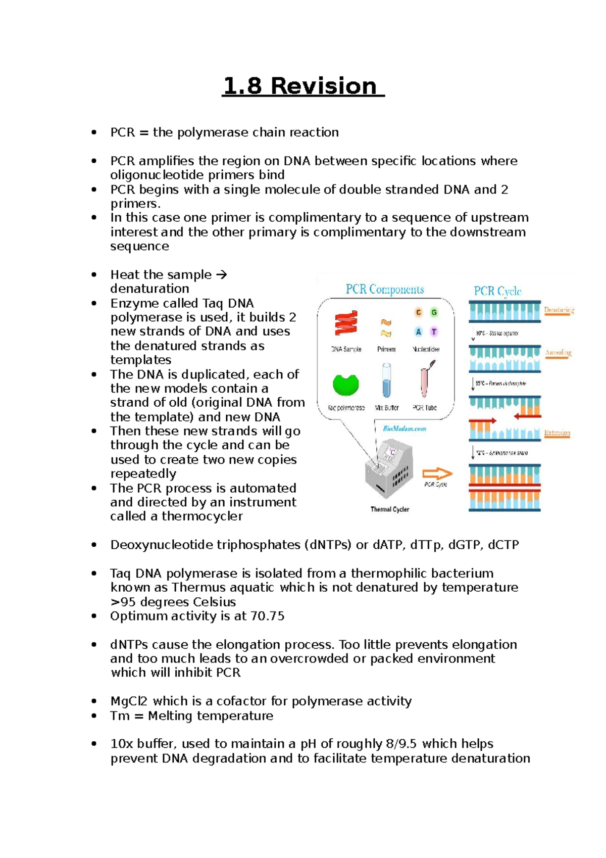 1 - Revision notes - 1 Revision PCR = the polymerase chain reaction PCR ...