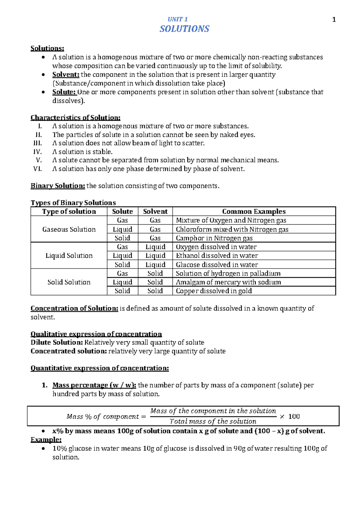 Chapter 1 - Solutions notes - SOLUTIONS 1 Solutions: A solution is a ...