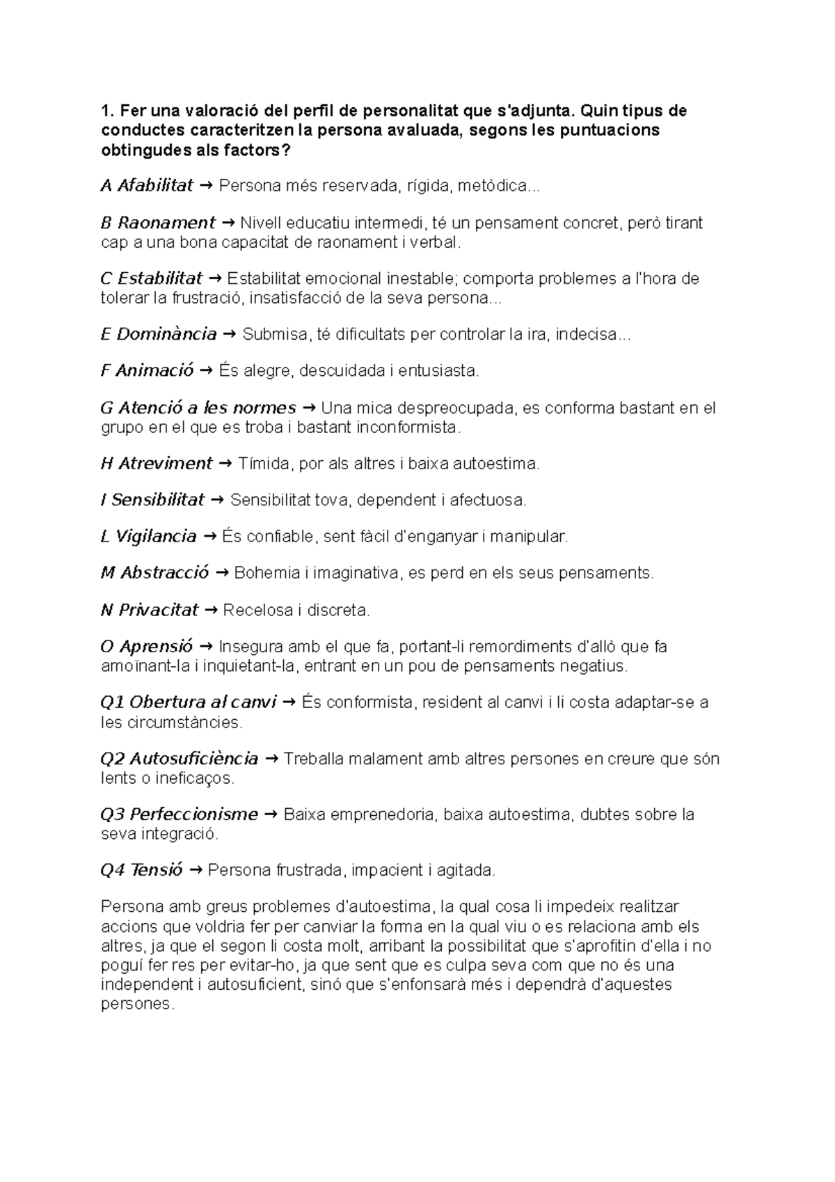 Perfil de personalitat segons el model 16PF de Cattell - 1. Fer una ...