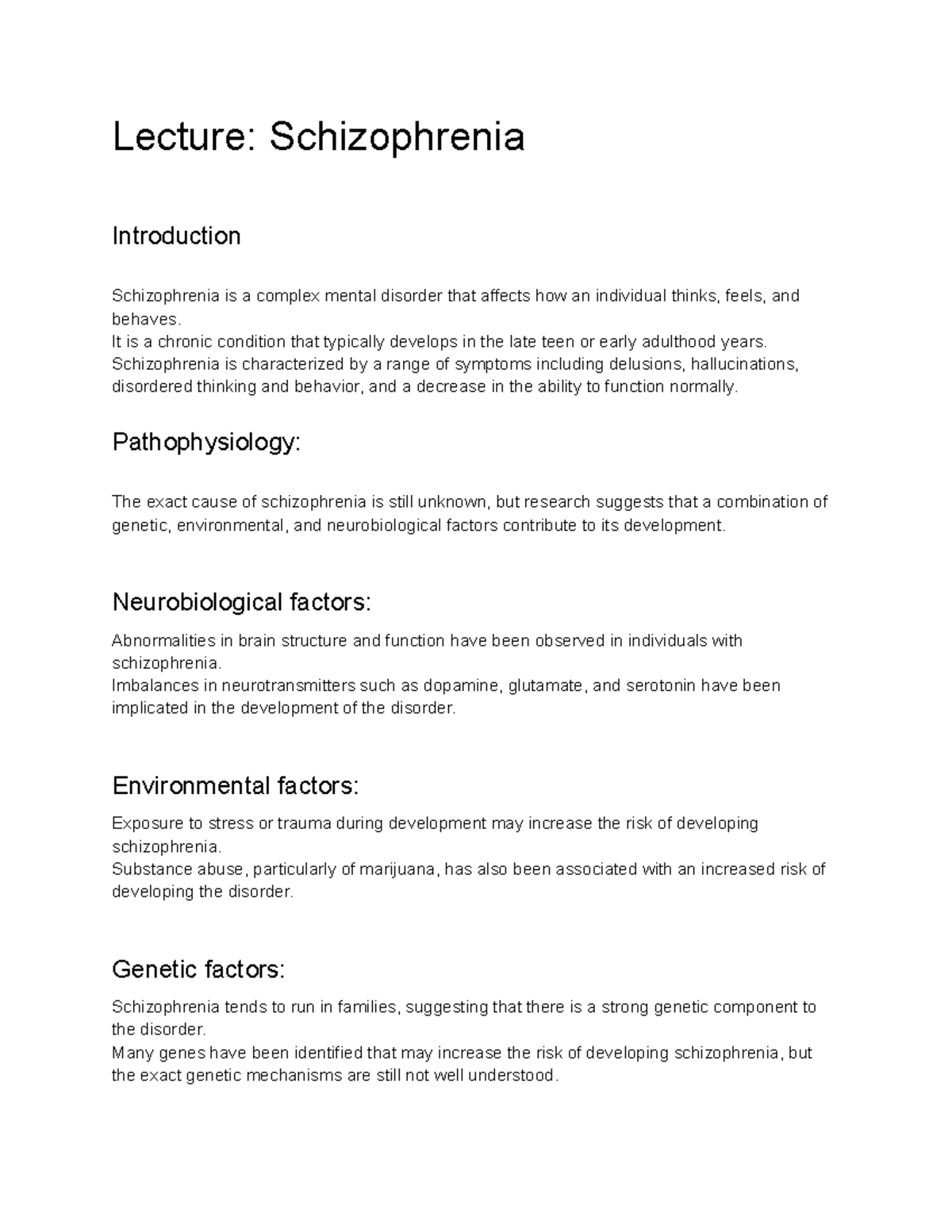 Pathophysiology (NUR 322) Lecture 42 - Schizophrenia - Lecture ...