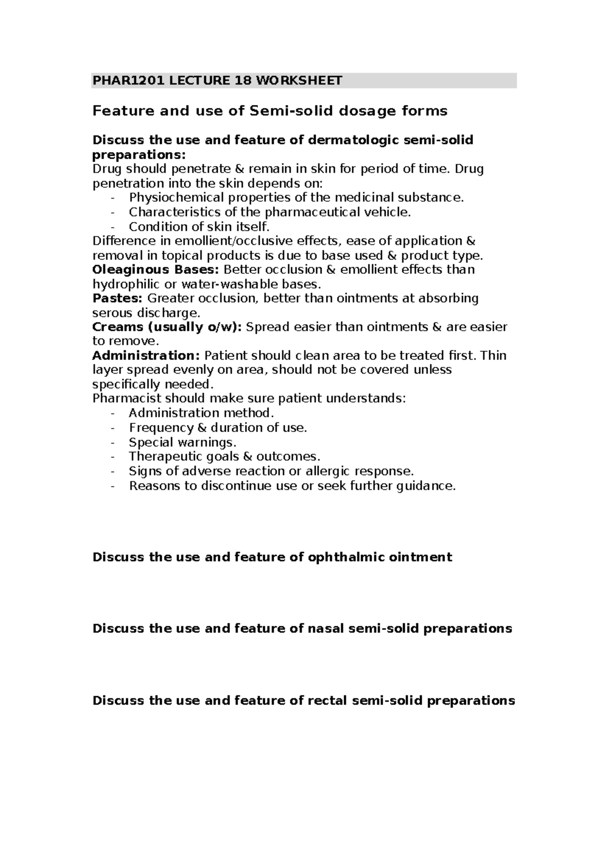 Phar1201-lect18-wksheet - PHAR1201 LECTURE 18 WORKSHEET Feature and use ...