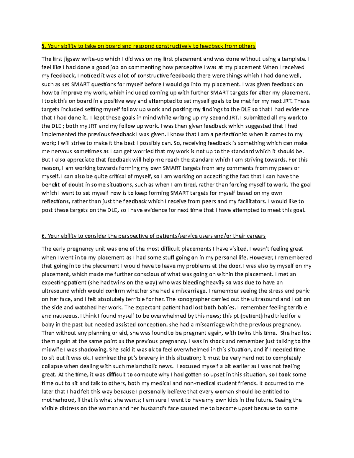 Y1 self reflection - Summary of said topic - Your ability to take on ...