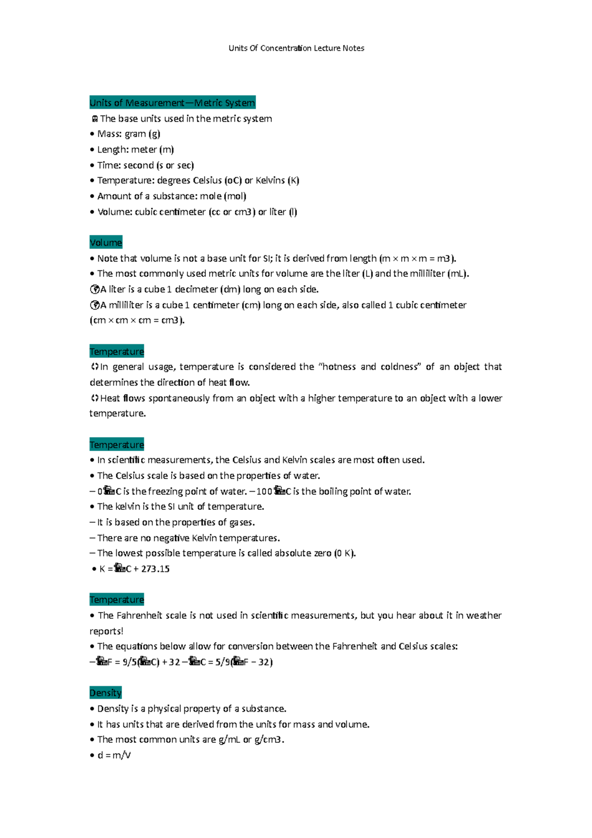 Units Of Concentration Lecture Notes - The most commonly used metric ...