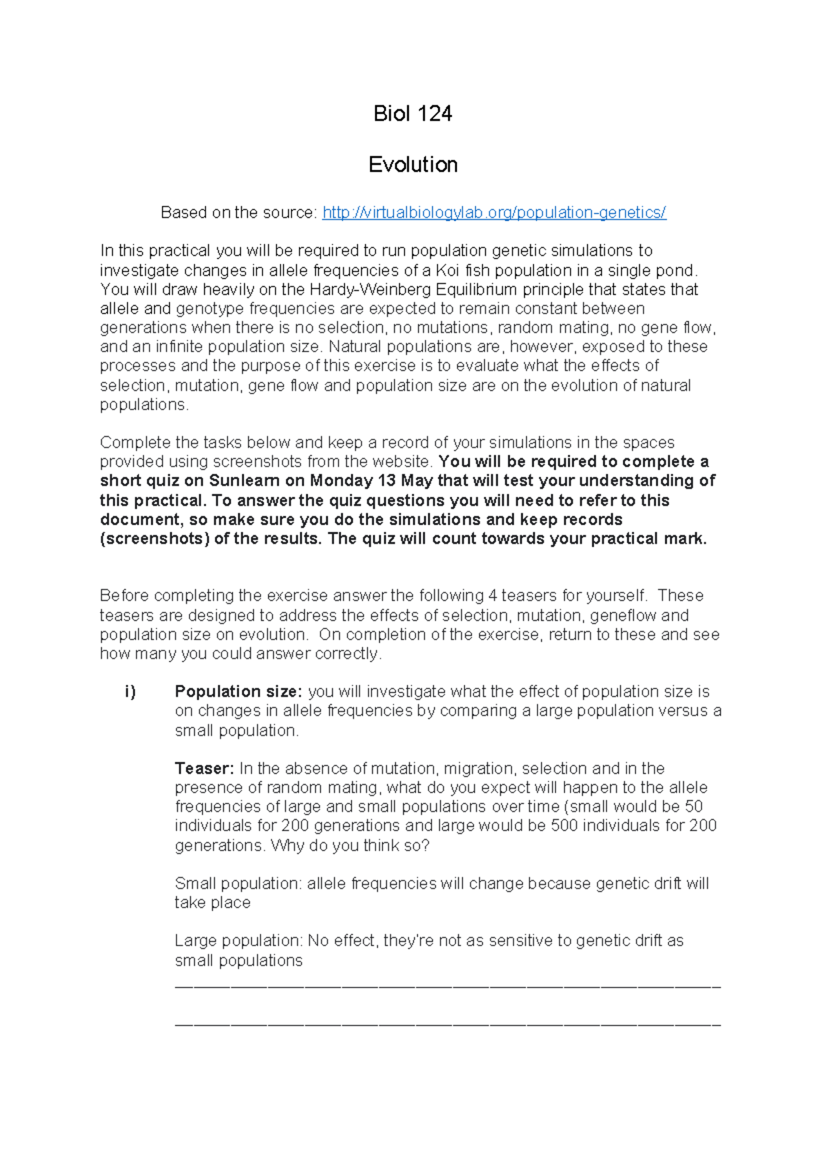 Microevolution prac done - Biol 124 Evolution Based on the source ...