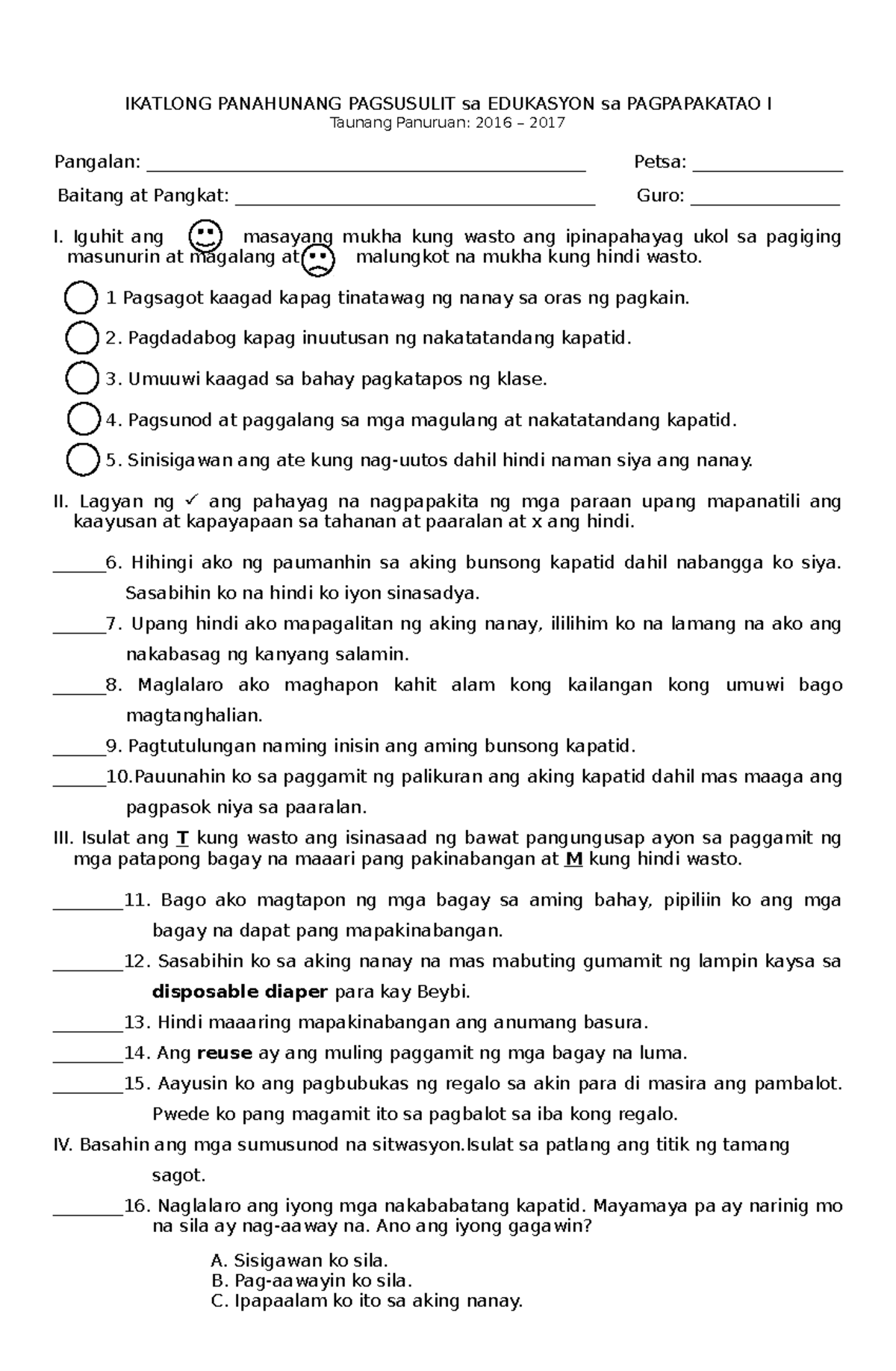 3rd Periodical Test In Es P - Filipino sa Iba't ibang disiplina - USA ...