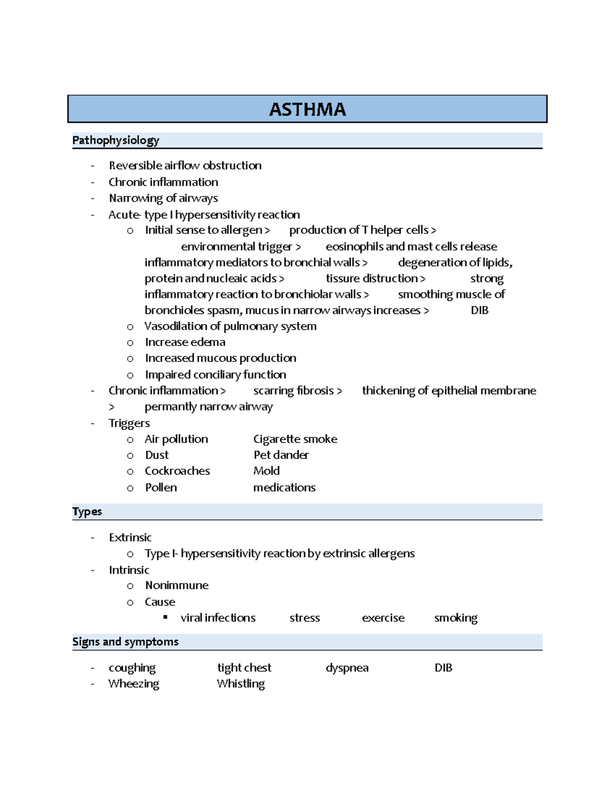 Notes- Asthma - ASTHMA Pathophysiology Reversible airflow obstruction ...
