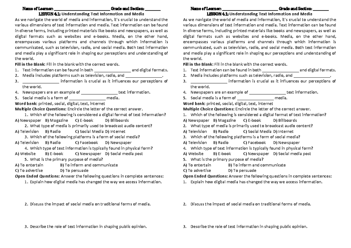 MELC 4 - MEDIA LITERACY - Name of Learner ...