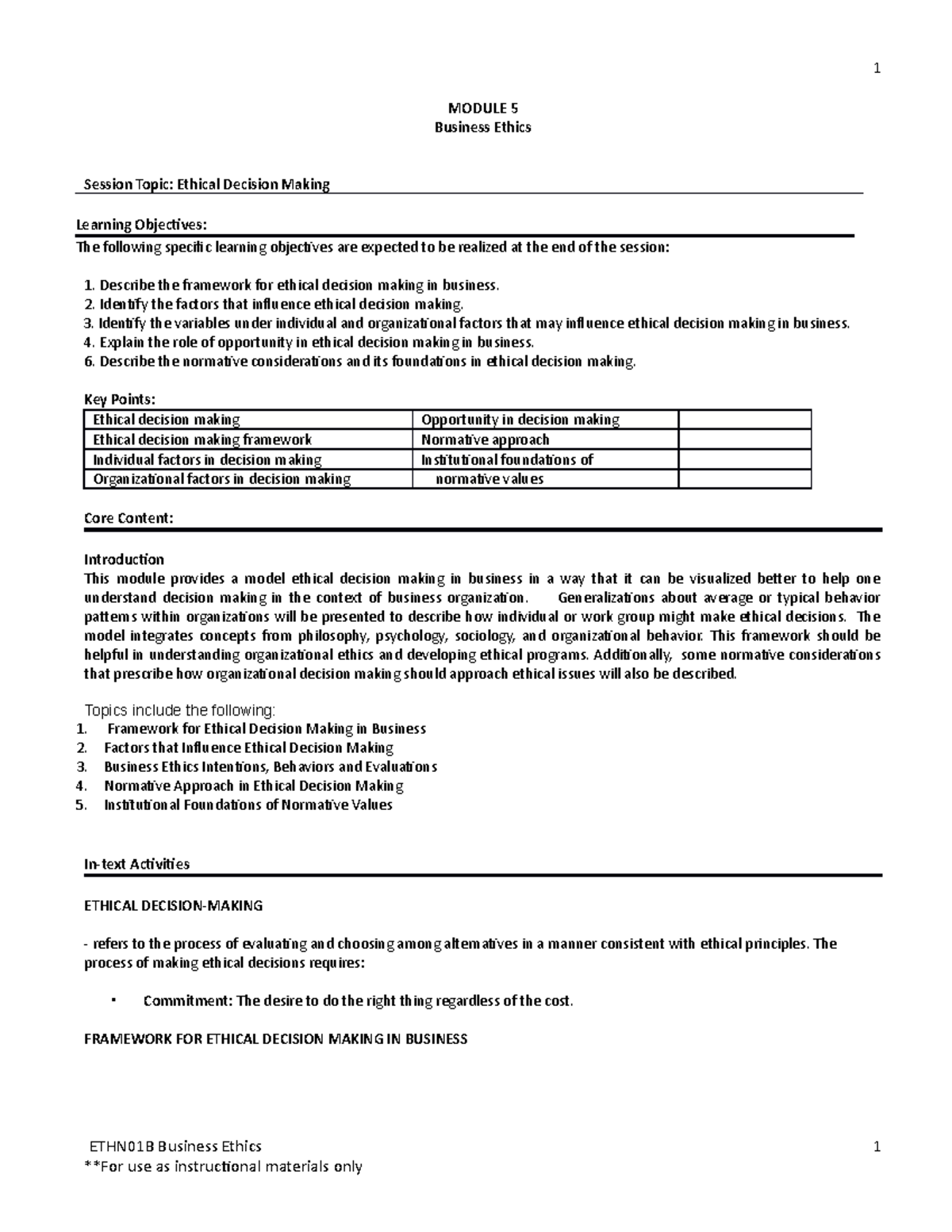 Module 5 Ethical Decision Making - MODULE 5 Business Ethics Session ...