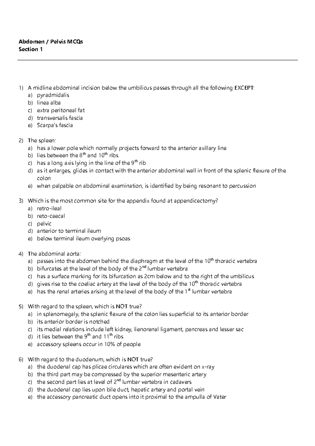 Exam Multiple choice questions - Abdomen / Pelvis MCQs Section 1 A ...