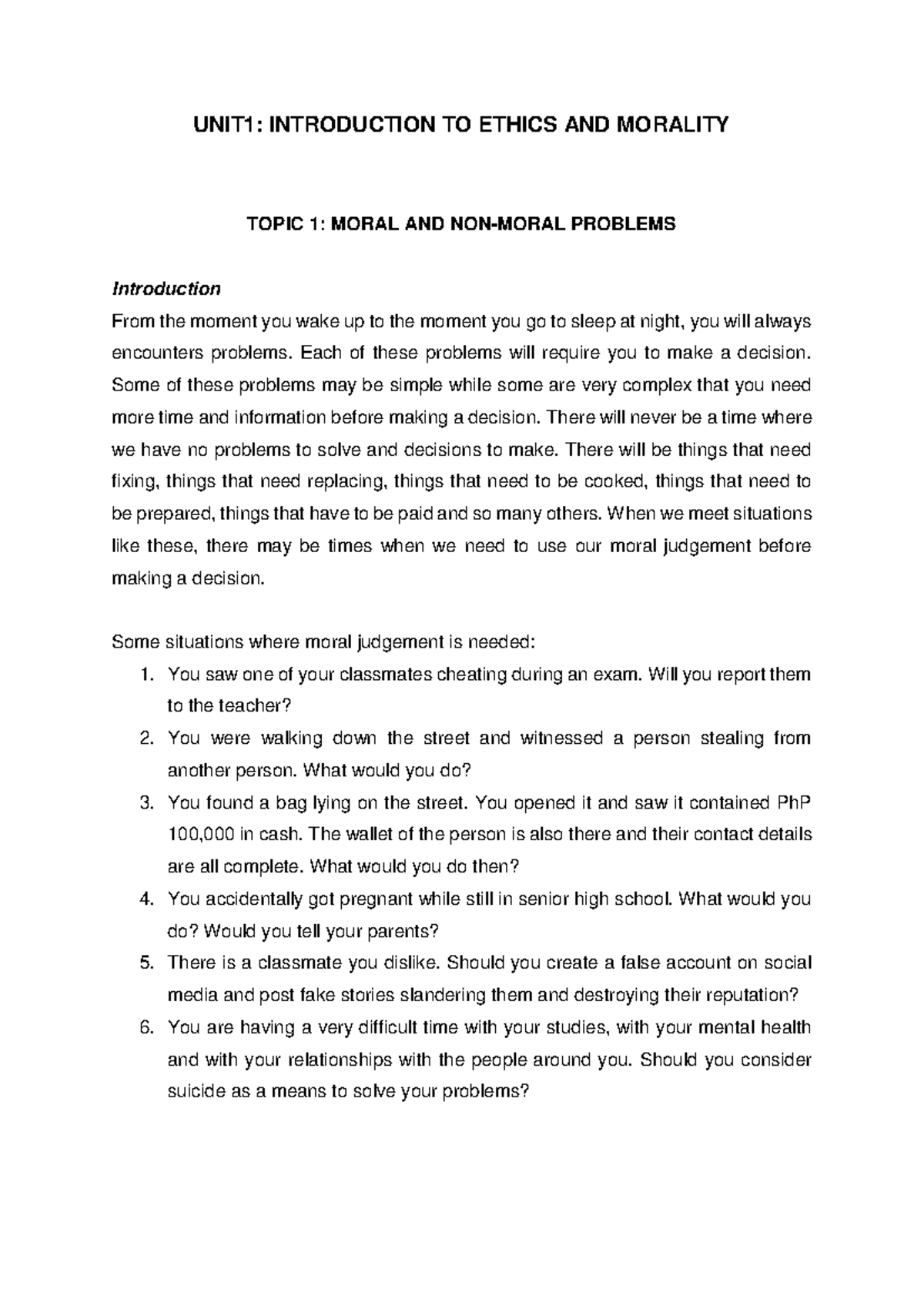 Unit 1 Hand Out - Useful - UNIT1: INTRODUCTION TO ETHICS AND MORALITY ...