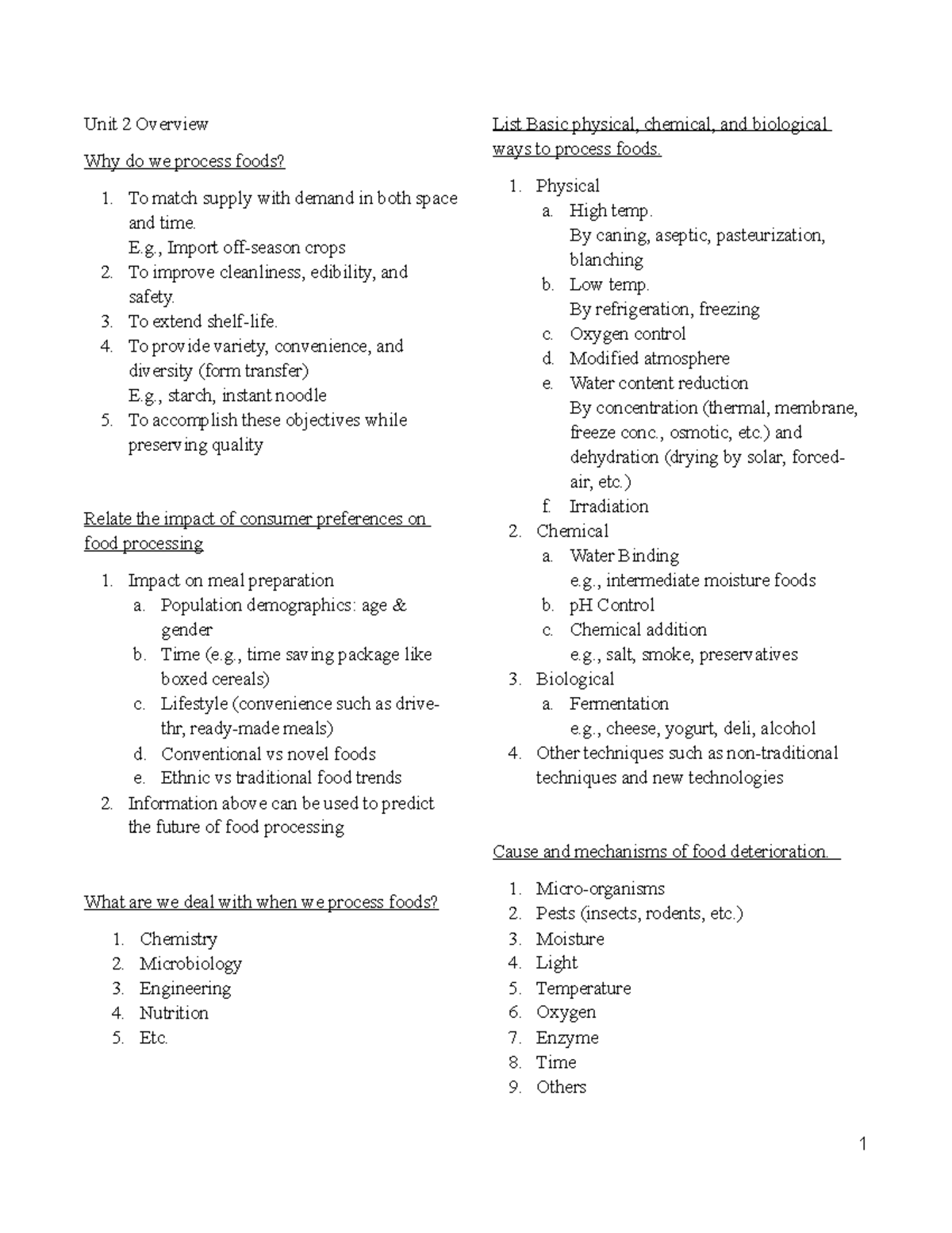 Review Notes - Summary note - Unit 2 Overview Why do we process foods ...