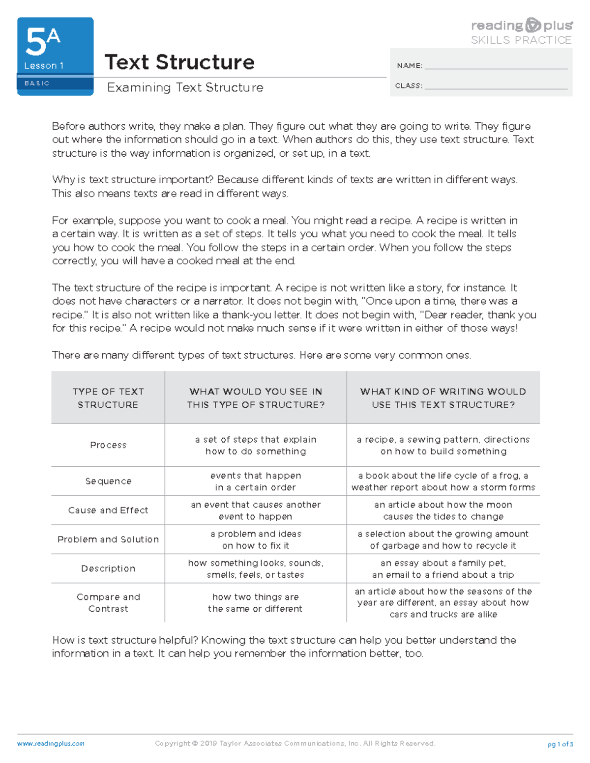 Abbie Williams - Text structure L1 - readingplus Copyright © 2019 ...
