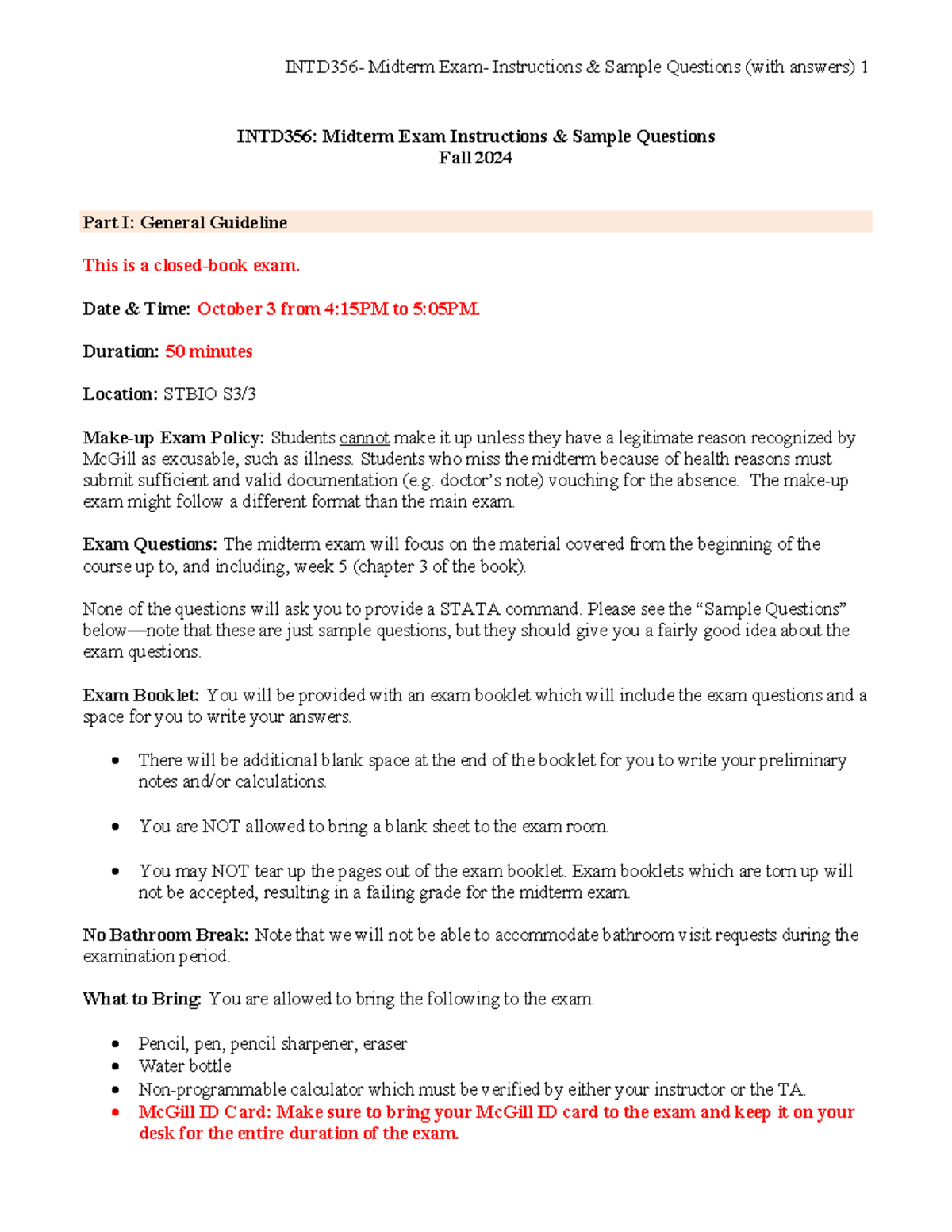 Midterm Exam-Instructions & Sample Questions (with answers) - INTD356 ...