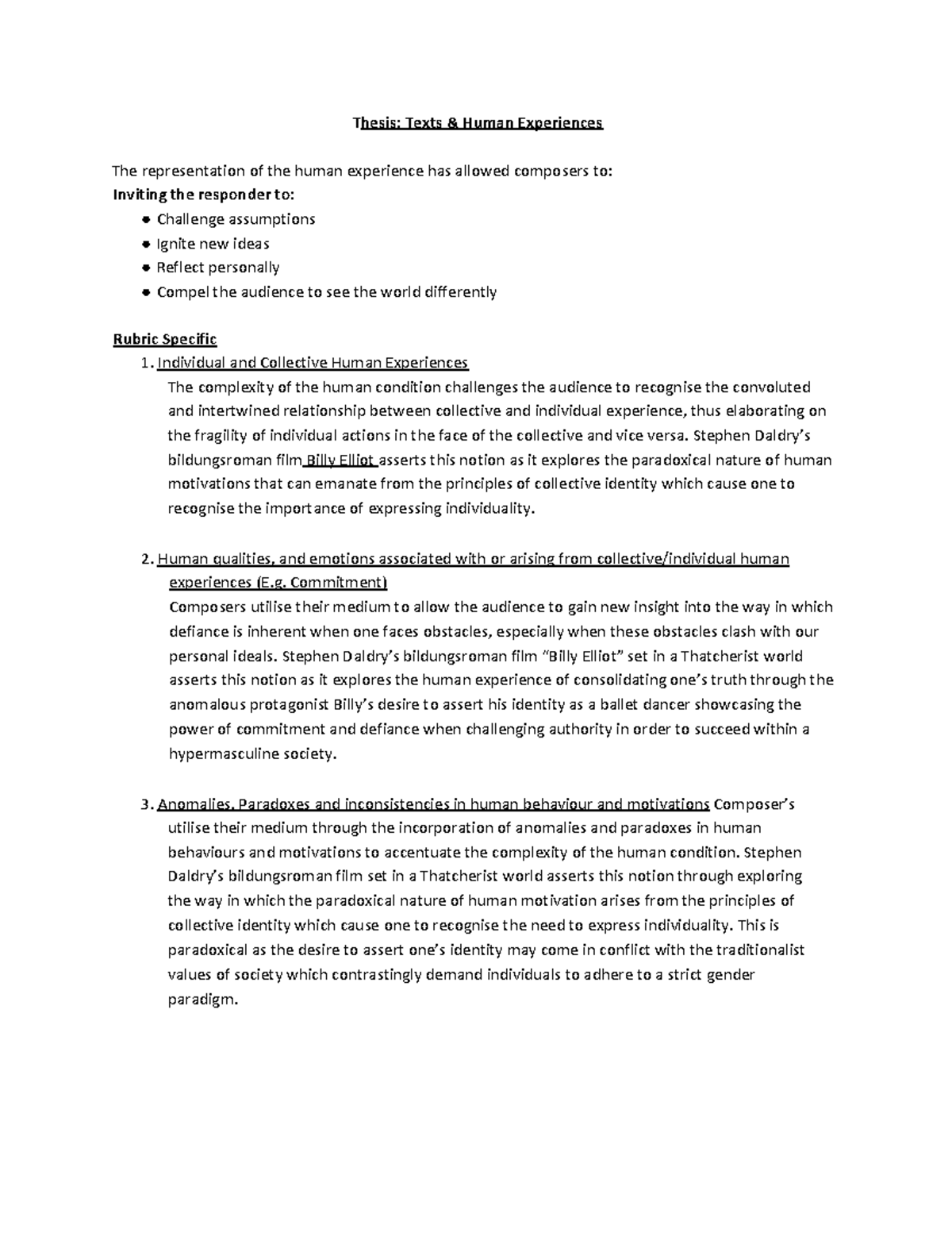 Common Module Billy Elliot - Thesis Introduction Ideas - Thesis: Texts ...