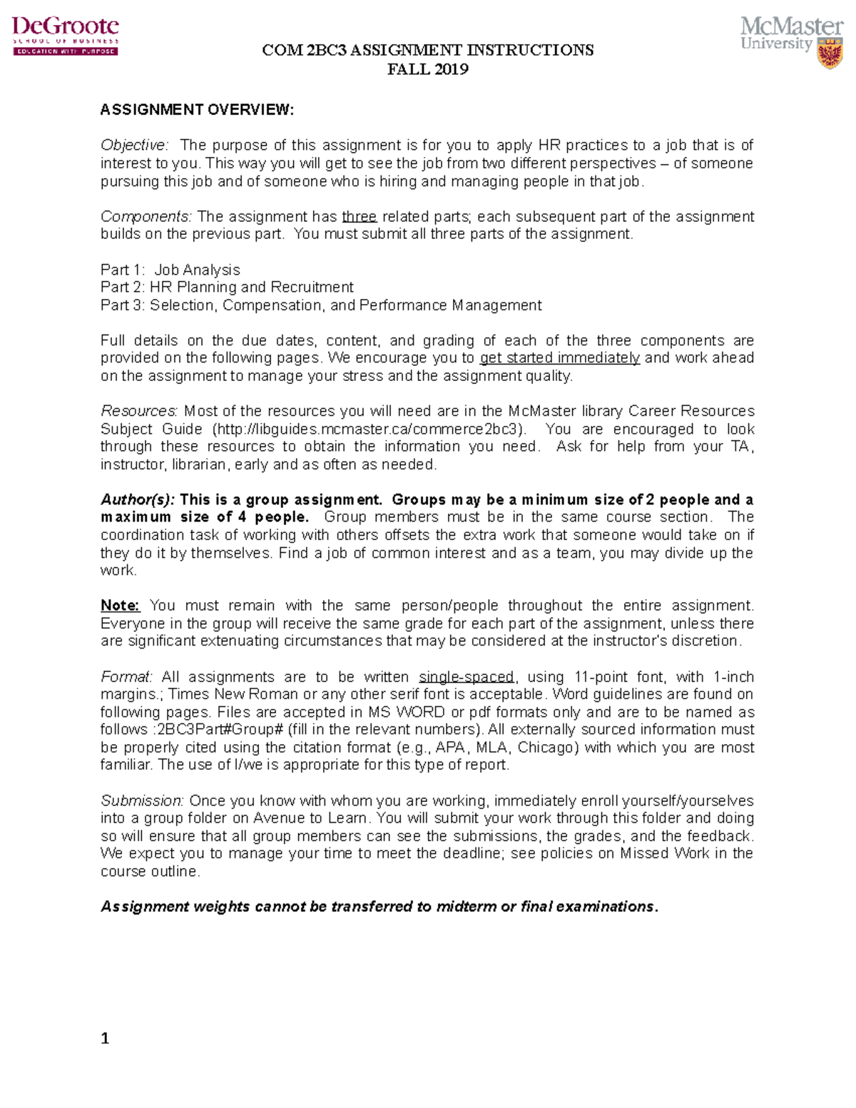 COMM 2BC3 Assignment Instructions F2019 - ALL Sections - COM 2BC3 ...