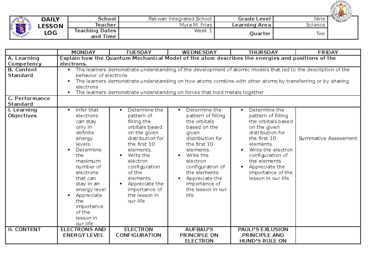 Daily Lesson LOG - science ix quarter 2 - DAILY LESSON LOG School ...