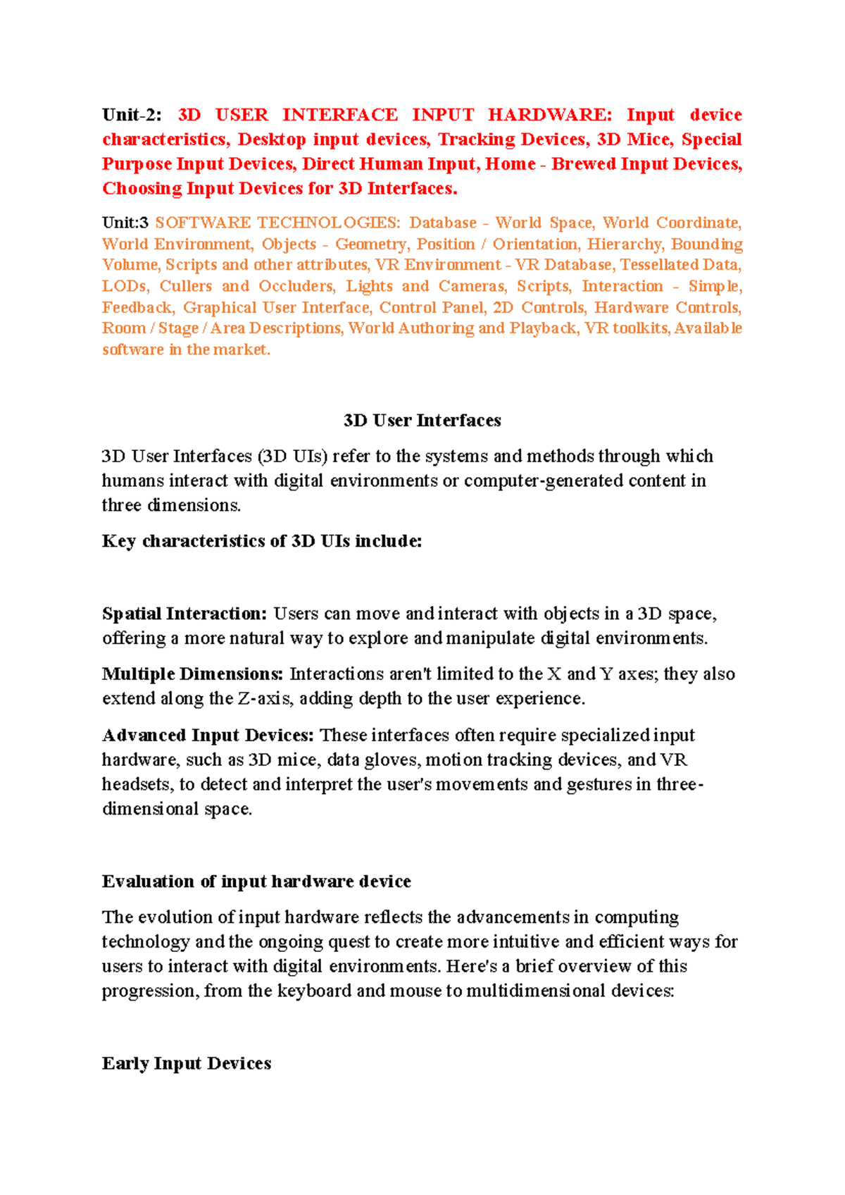 2. Unit 2 and Unit 3 - Notes - Unit-2: 3D USER INTERFACE INPUT HARDWARE ...