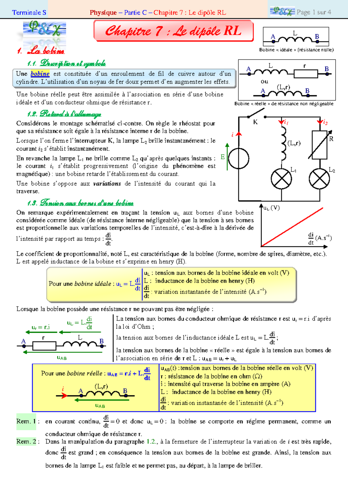 C7Phy dipole RL - zusammenfassung - A B L r A (L,r) B ou 1. La bobine 1 ...