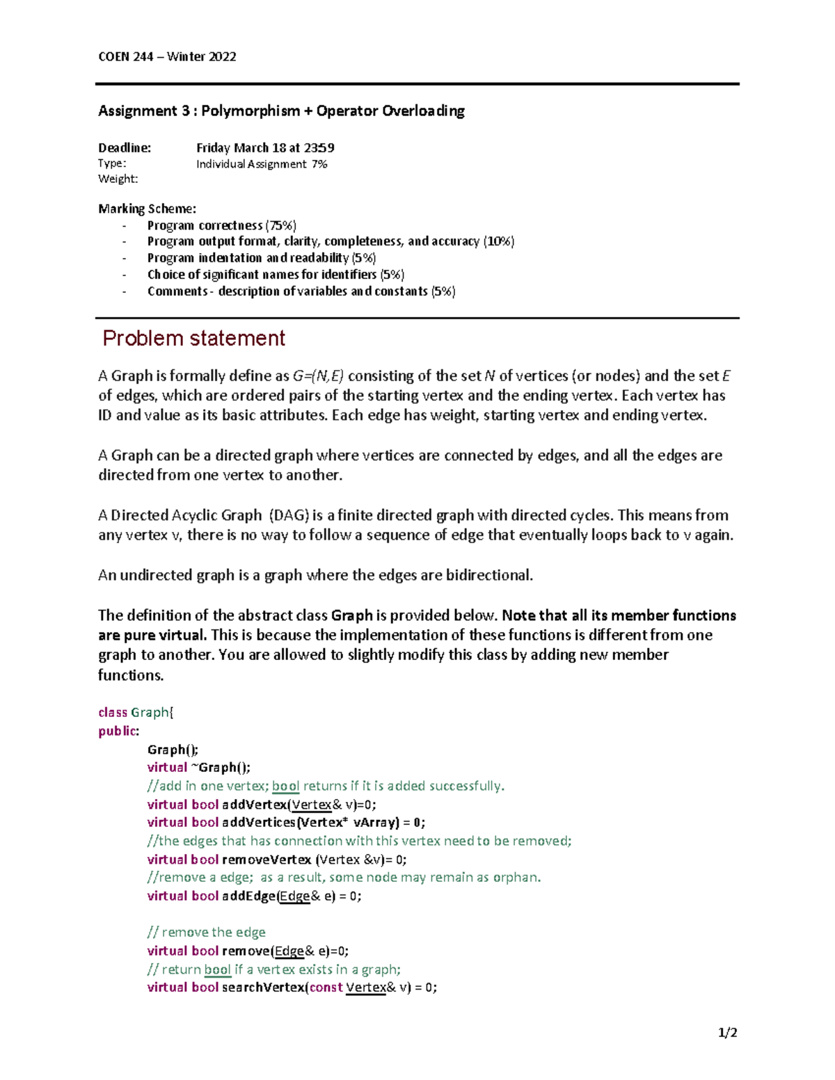Assignment 3 Programming C Coen244 Example Part 1 To 8 Polymorphism Hotel Coen 244 Winter